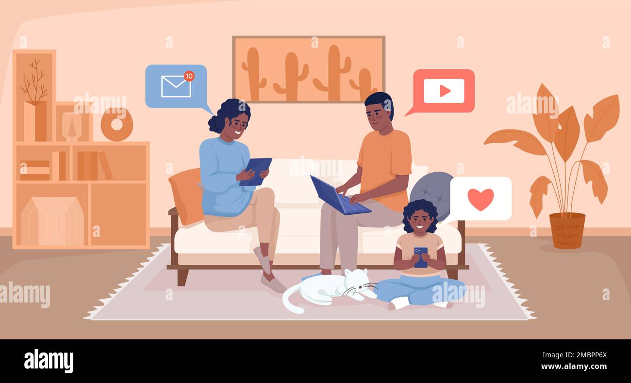 Technology impacting family time flat color vector illustration Stock ...