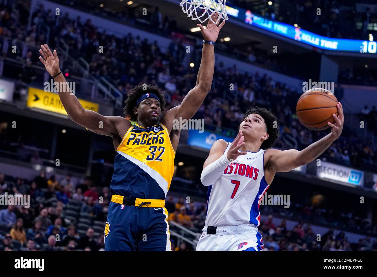 Detroit Pistons guard Killian Hayes (7) shoots over Indiana Pacers ...