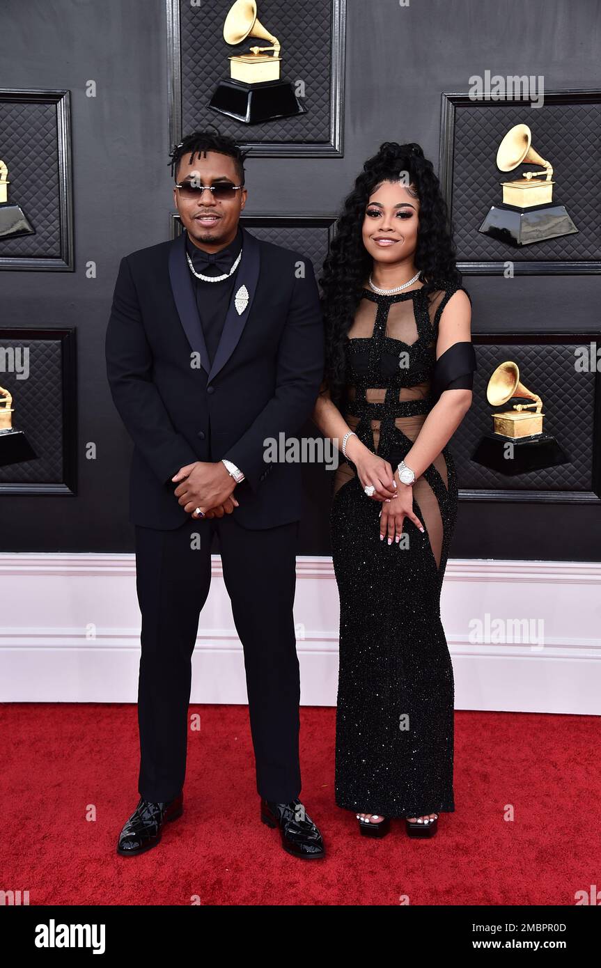 Nas, left, and Destiny Jones arrive at the 64th Annual Grammy Awards at ...