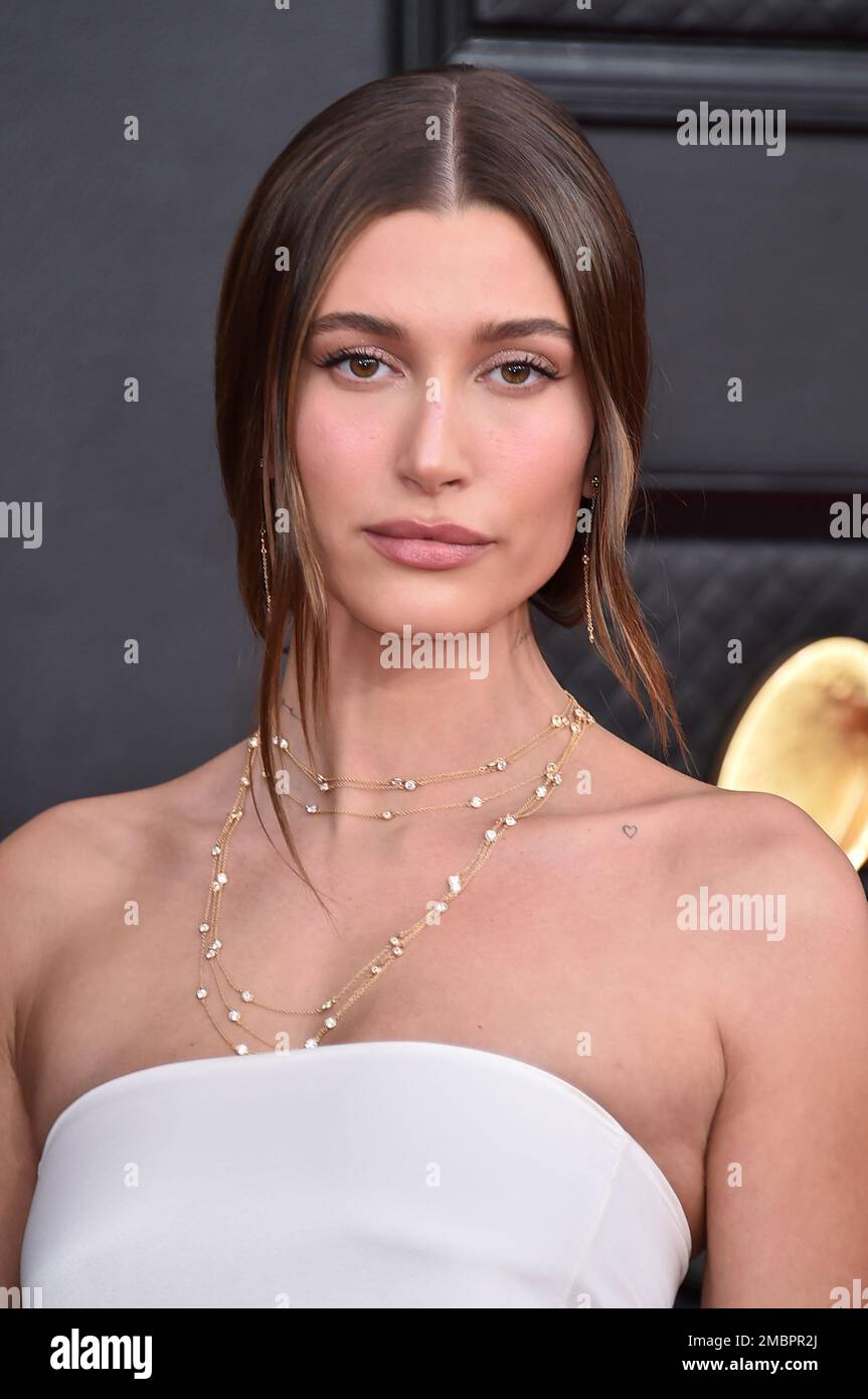 Hailey Bieber arrives at the 64th Annual Grammy Awards at the MGM Grand ...