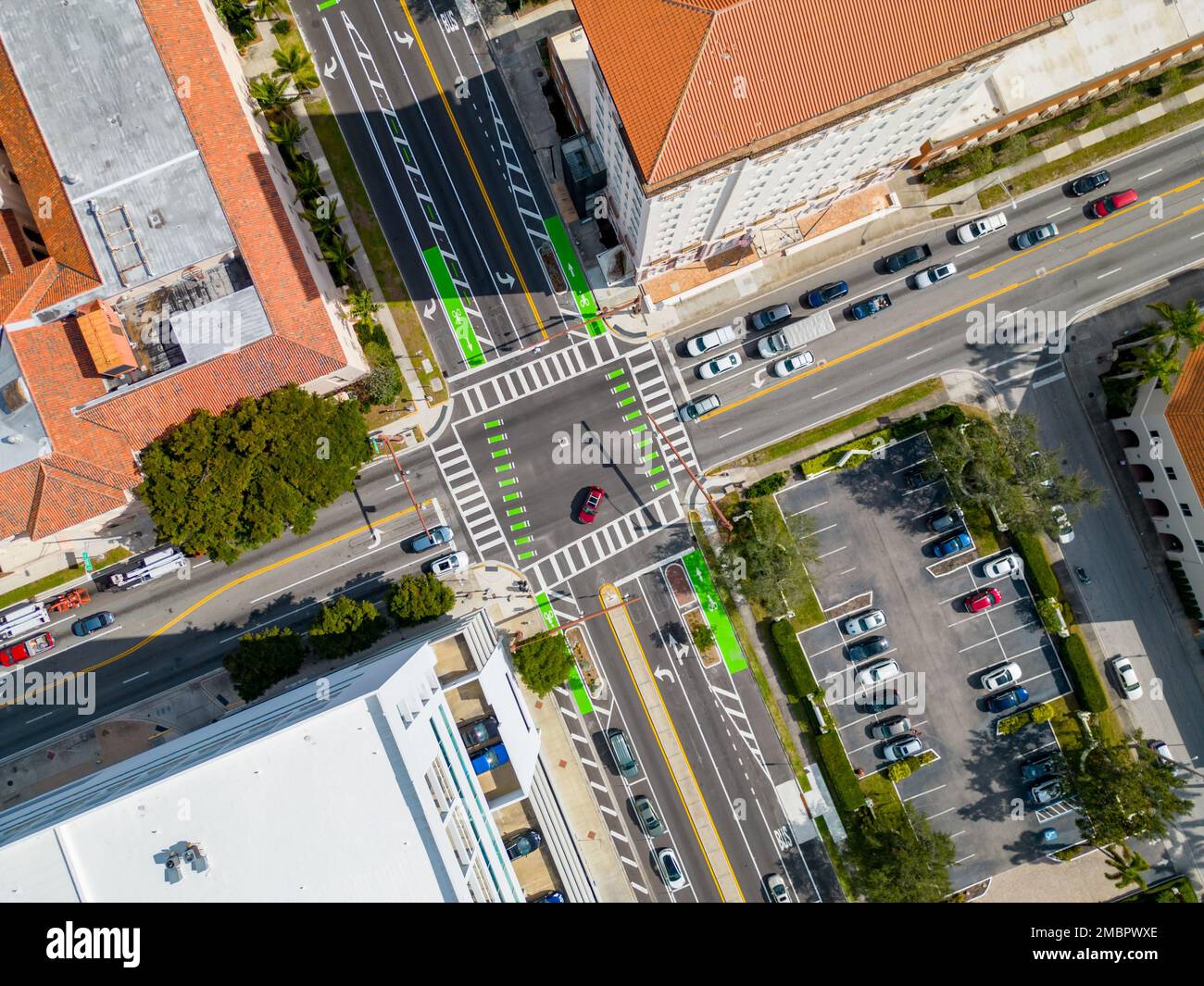 Aerial overhead shot green painted bike lanes in the city Sarasota FL ...