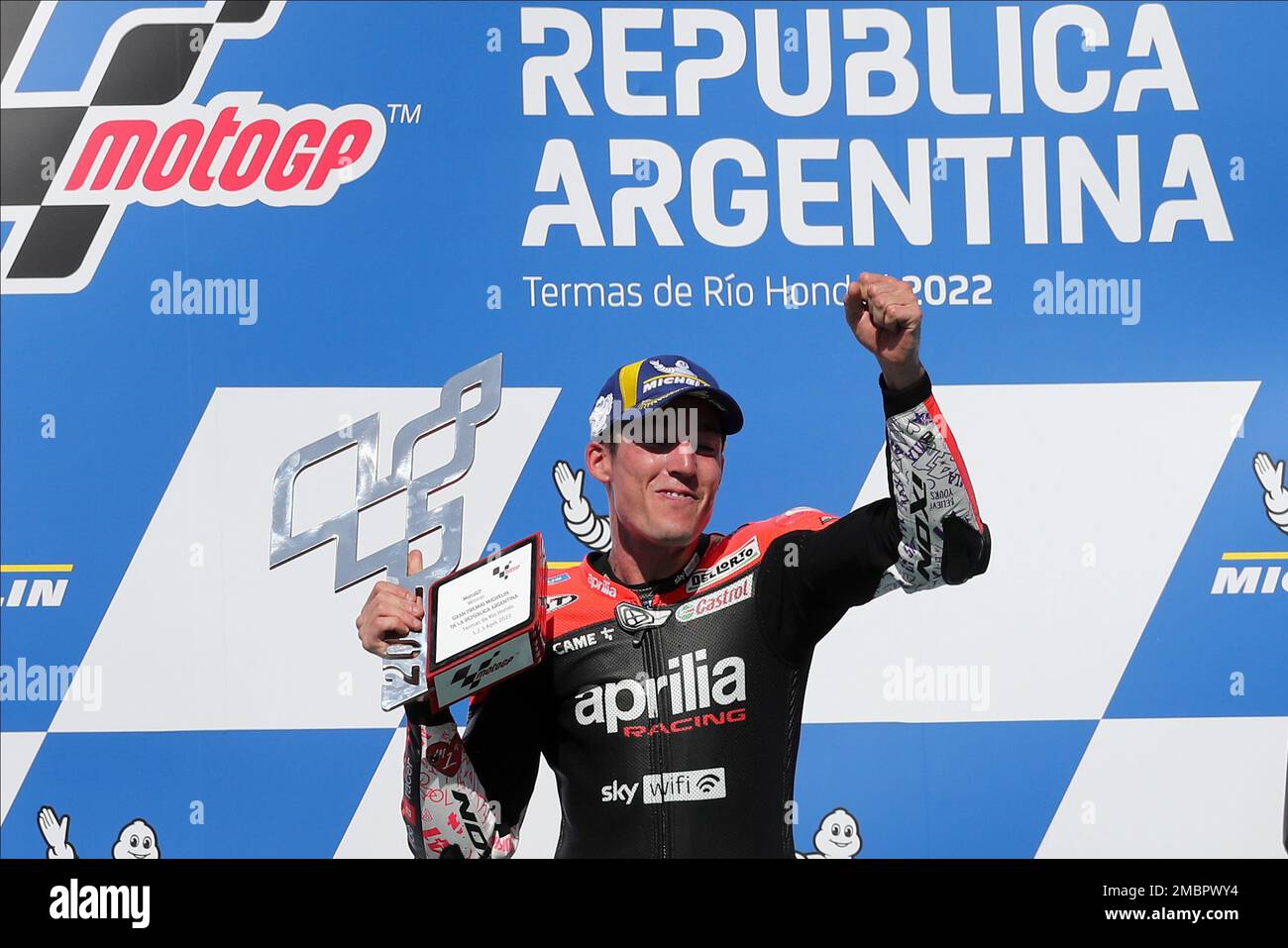 Spanish rider Aleix Espargaro of Aprilia Racing celebrates winning the ...