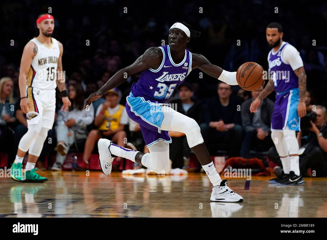 Los Angeles Lakers forward Wenyen Gabriel (35) controls the ball during ...