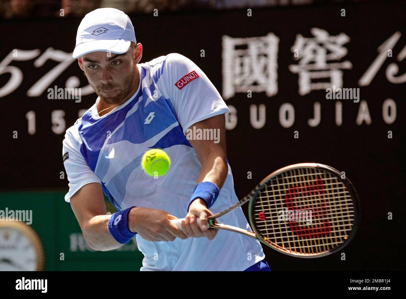 Benjamin Bonzi of France plays a backhand return to Alex de Minaur of ...