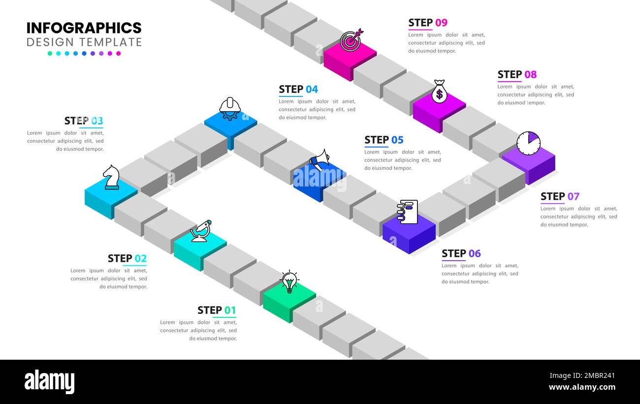 Infographic template with icons and 9 options or steps. Isometric timeline. Can be used for ...