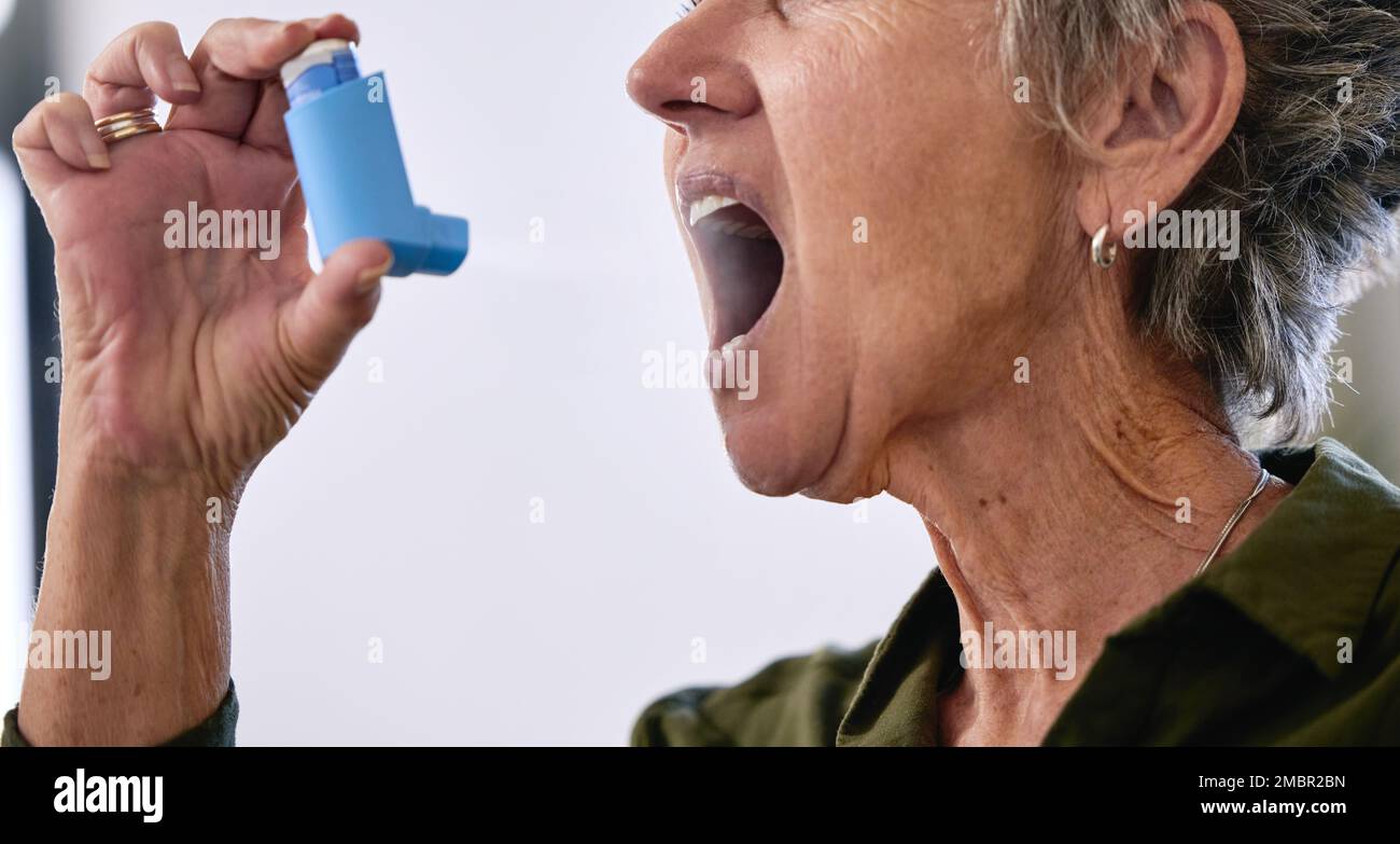 Asthma, oxygen and senior woman with a pump for breath, medical help ...