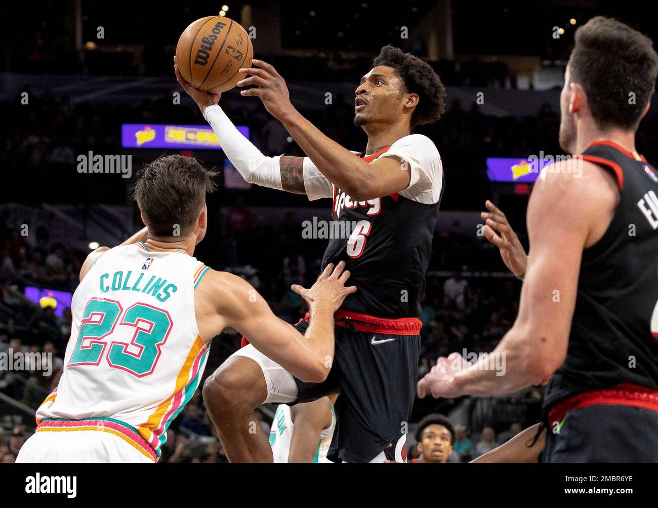 Portland Trail Blazers guard Keon Johnson (6) drives to the hoop ...