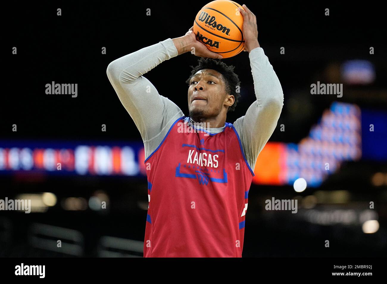 Kansas forward David McCormack (33) warms up during practice for the ...