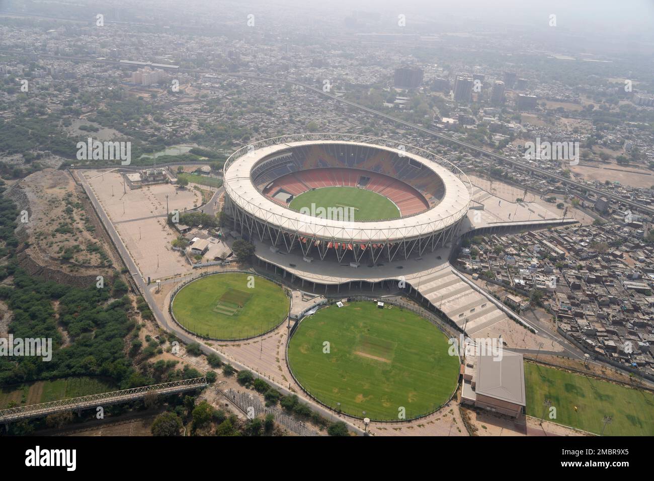 An aerial view Narendra Modi stadium in Ahmedabad, India, Friday, April ...