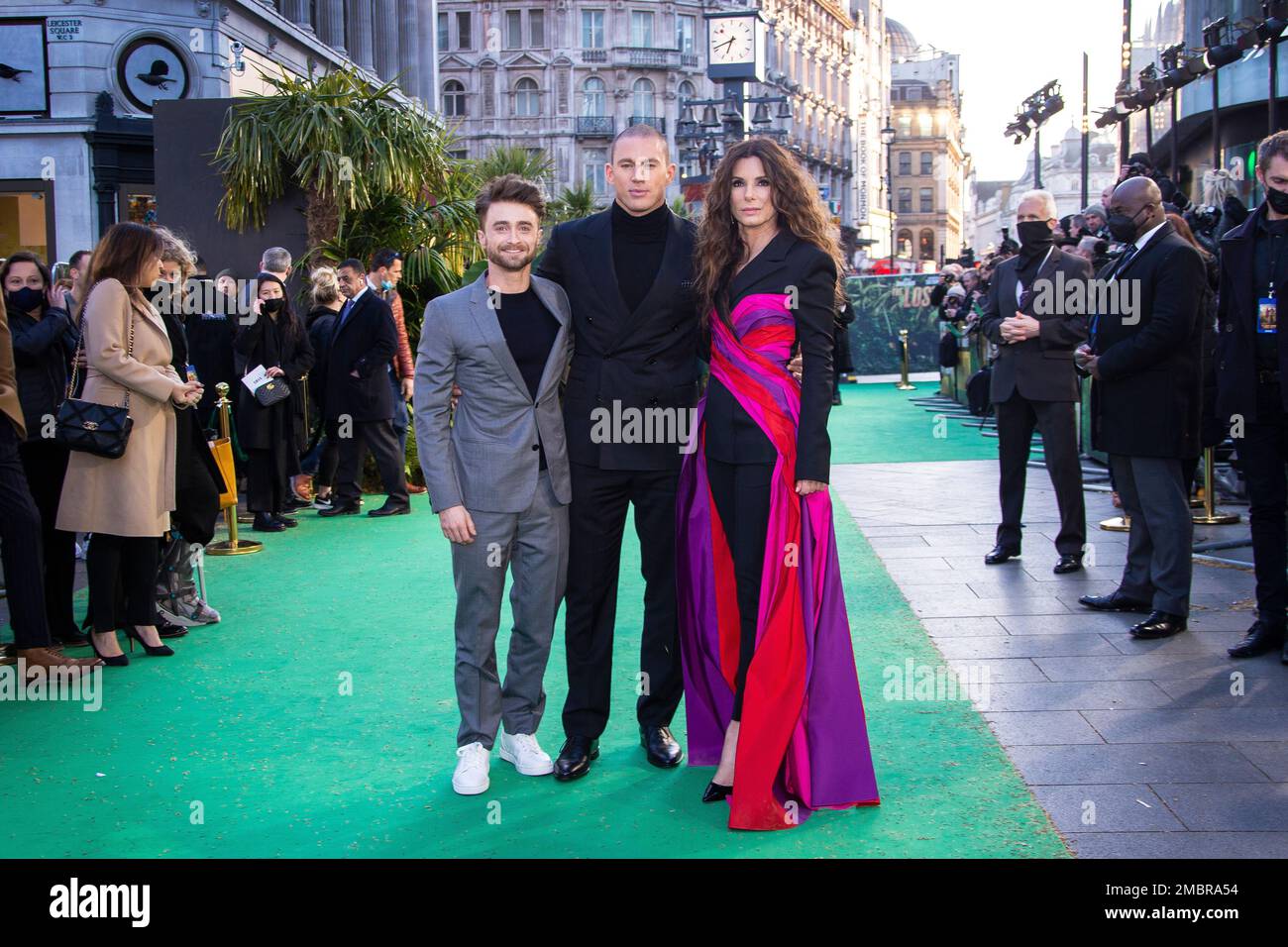 Daniel Radcliffe, from left, Sandra Bullock, and Channing Tatum pose ...