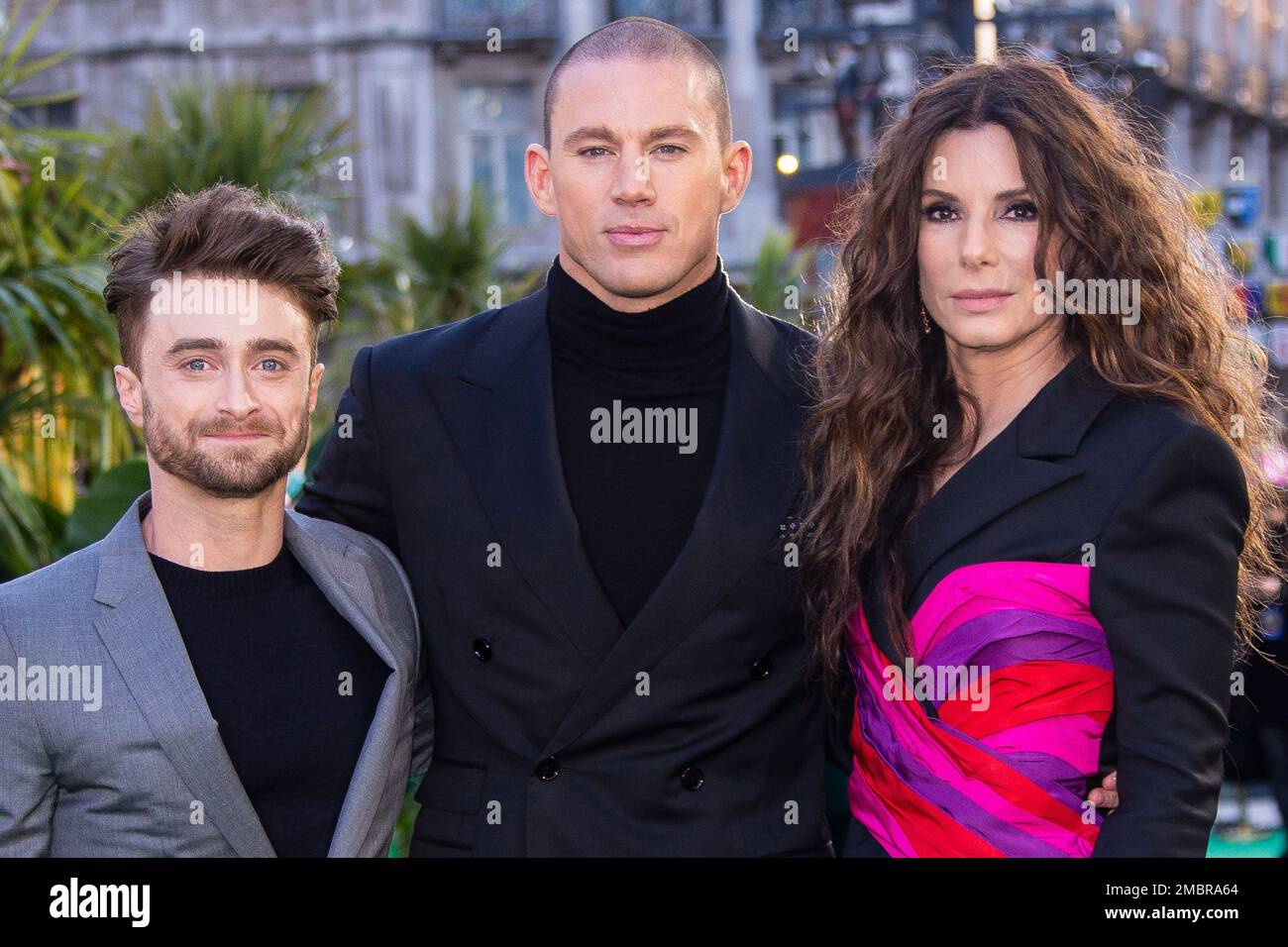 Daniel Radcliffe, from left, Sandra Bullock, and Channing Tatum pose ...