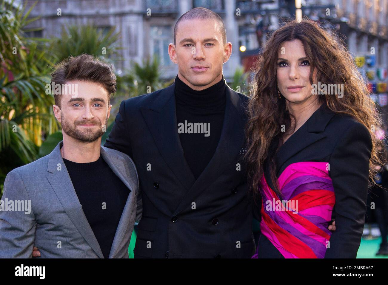 Daniel Radcliffe, from left, Sandra Bullock, and Channing Tatum pose ...