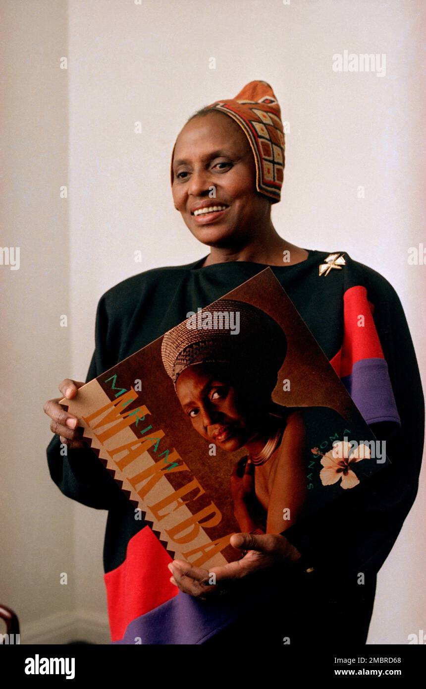 South African singer Miriam Makeba poses with her new album "Sangoma ...