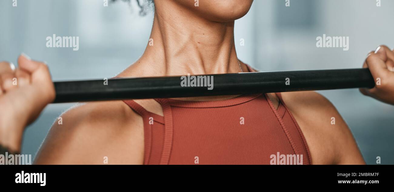 Gym fitness, barbell and black woman doing muscle performance exercise ...