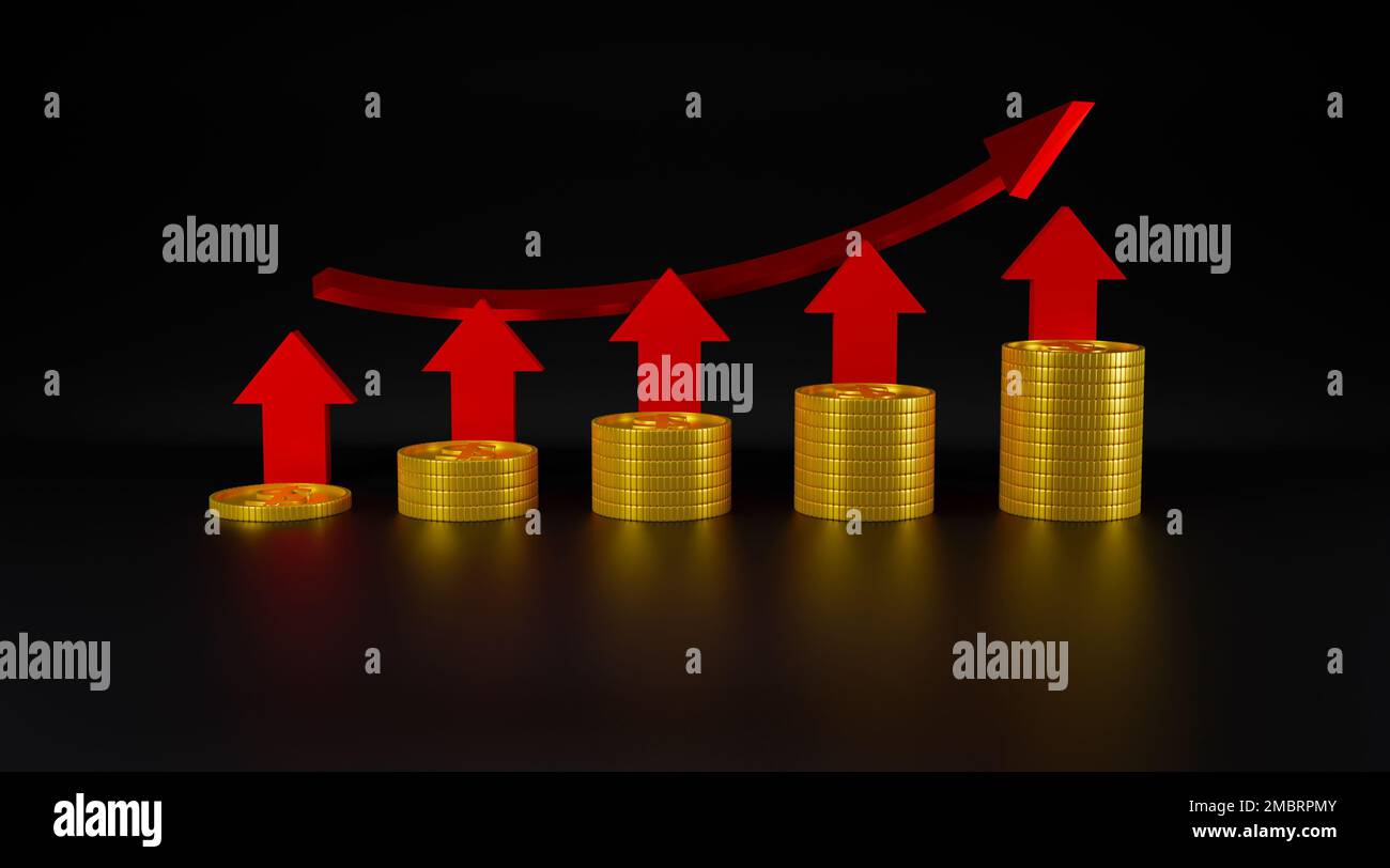 3d render money dollar coin stack with red arrow up with black ...