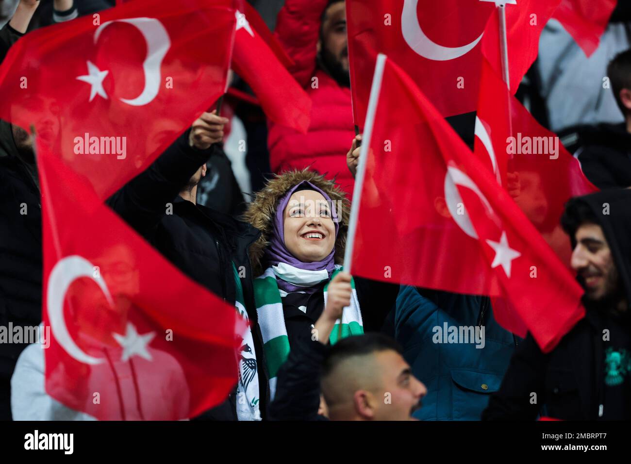 Fans wave Turkish flags prior the international friendly soccer match ...