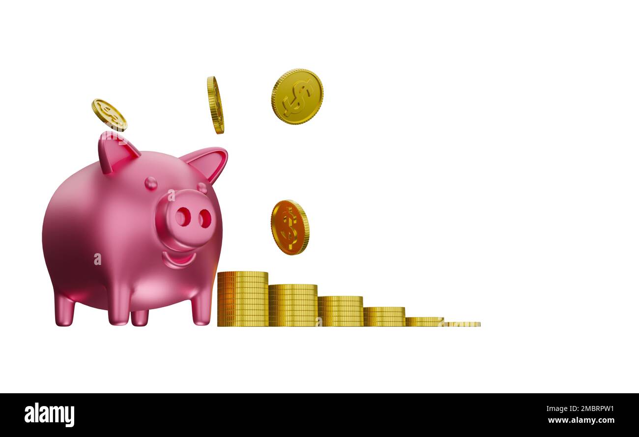 3d rendering Piggy bank with coins on white background illustration ...