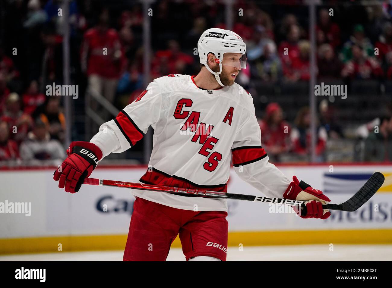Carolina Hurricanes defenseman Jaccob Slavin (74) stands on the ice ...