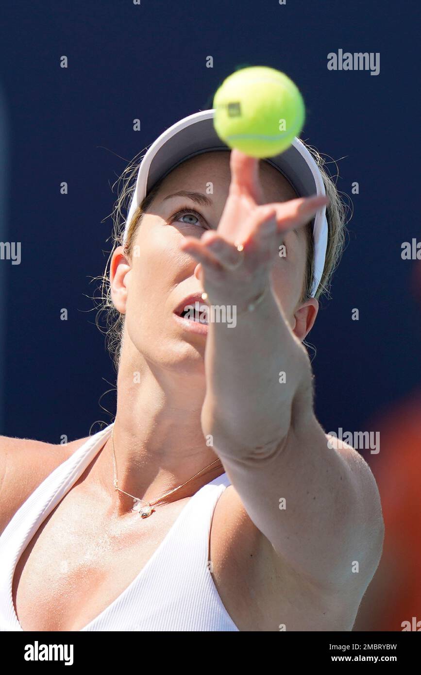 Danielle Collins serves to Ons Jabeur, of Tunisia, during the Miami ...