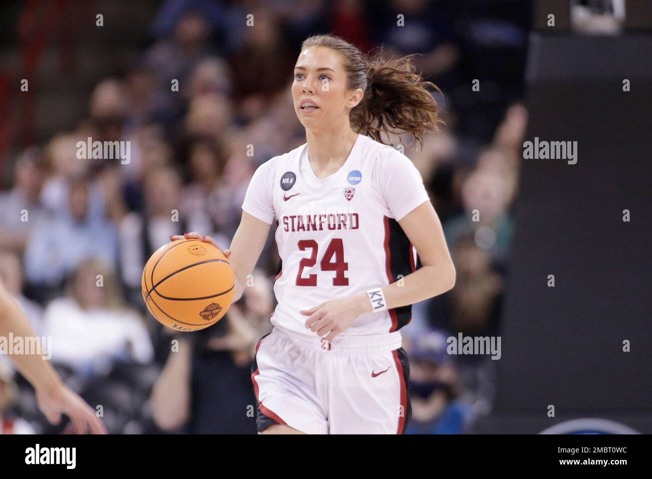 Stanford guard Lacie Hull controls the ball during a college basketball ...