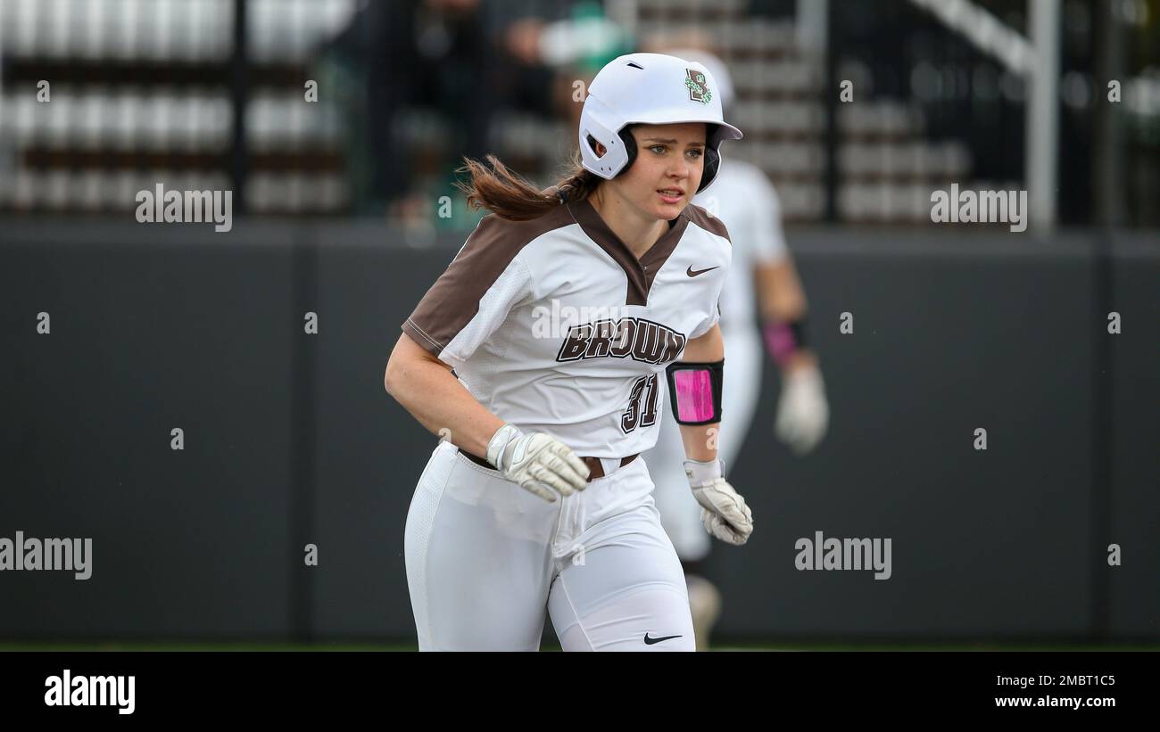 Brown's Katie O'Leary (31) runs to first base during an NCAA softball ...