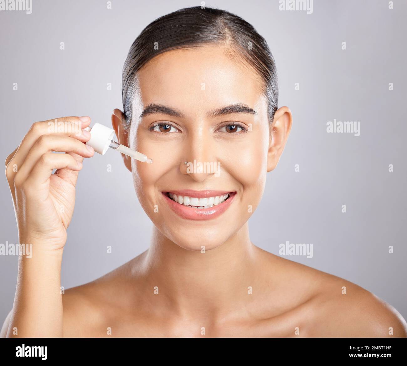 Beauty portrait, skincare or woman with serum for glowing skin ...