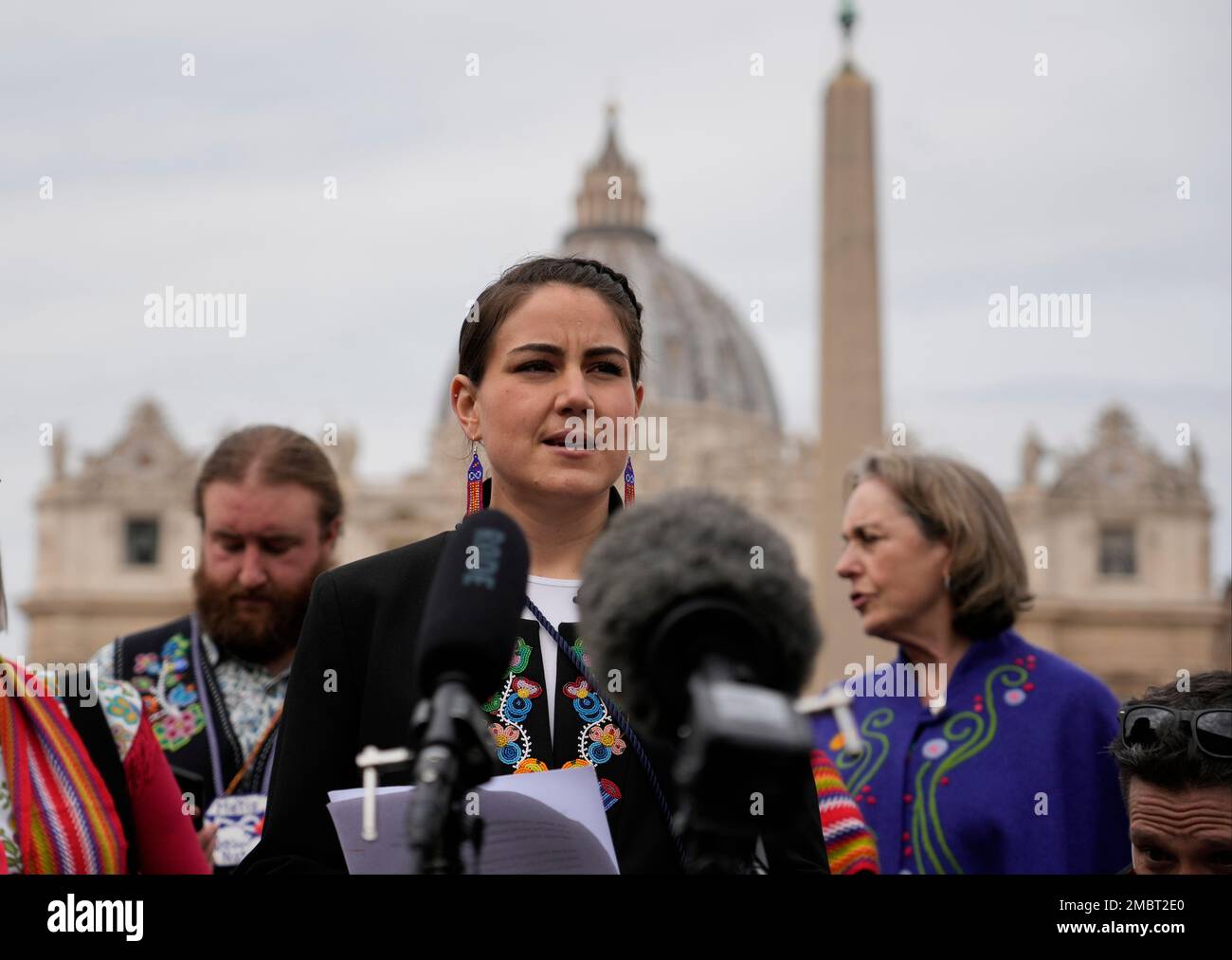 President of the Metis community, Cassidy Caron, speaks to the media in ...