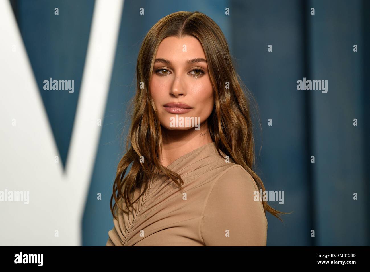 Hailey Bieber arrives at the Vanity Fair Oscar Party on Sunday, March ...