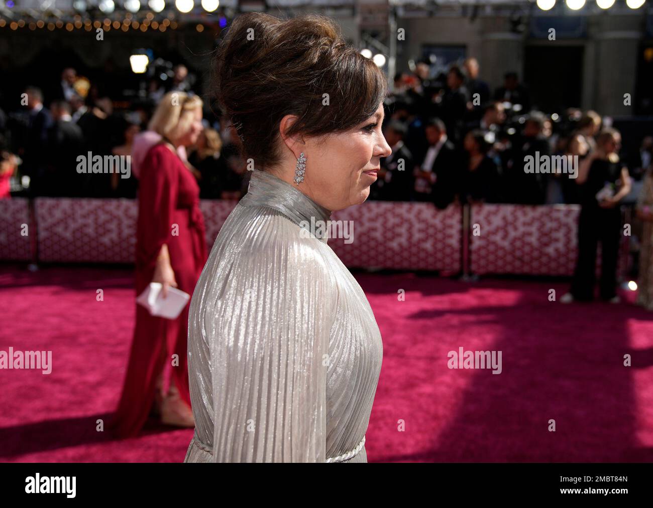Olivia Colman arrives at the Oscars on Sunday, March 27, 2022, at the ...