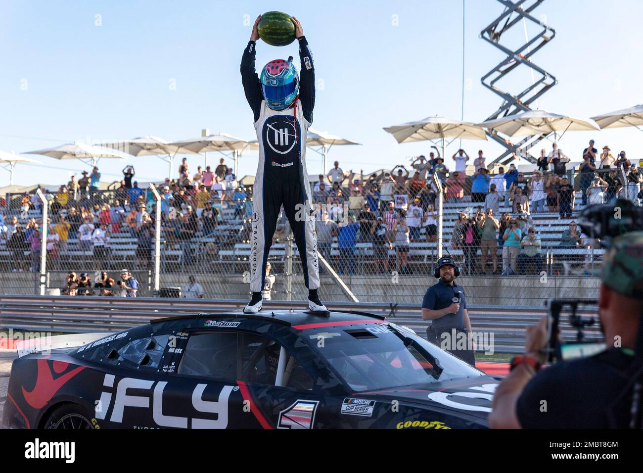 Ross Chastain (1) celebrates winning a NASCAR Cup Series auto race at ...