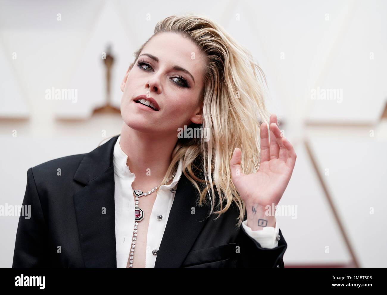 Kristen Stewart arrives at the Oscars on Sunday, March 27, 2022, at the ...