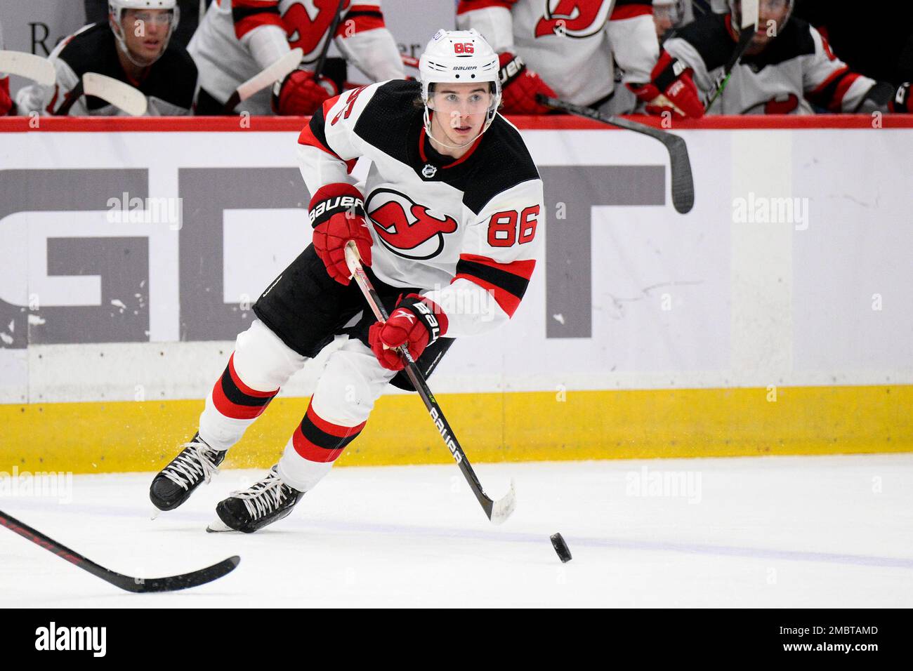 New Jersey Devils center Jack Hughes (86) in action during the second ...