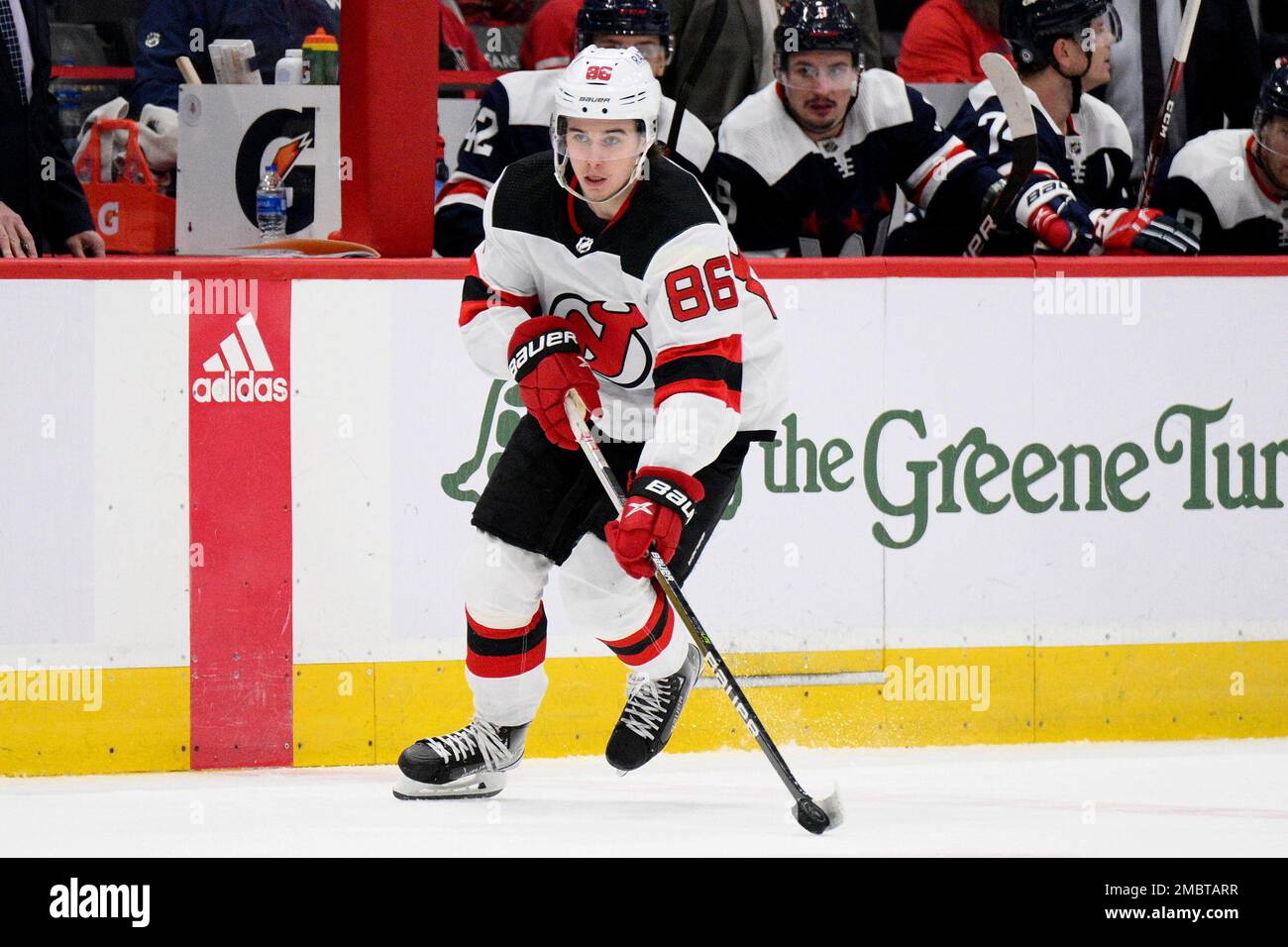 New Jersey Devils center Jack Hughes (86) in action during the second ...