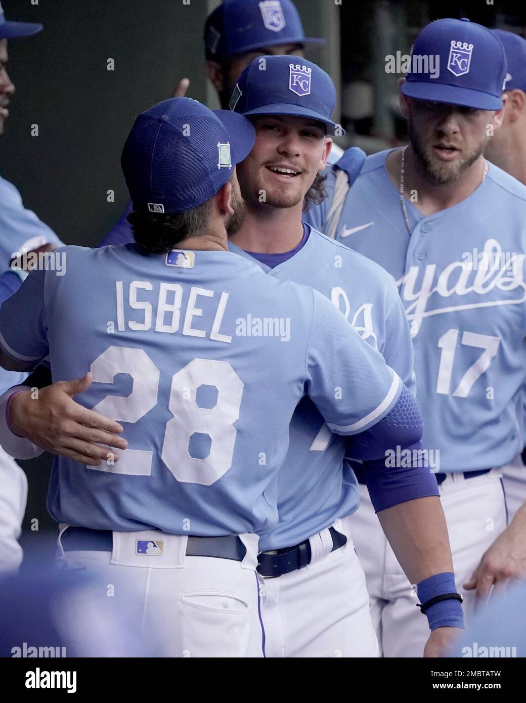 Kansas City Royals' Bobby Witt Jr., center, greets Kyle Isbel (28) in ...
