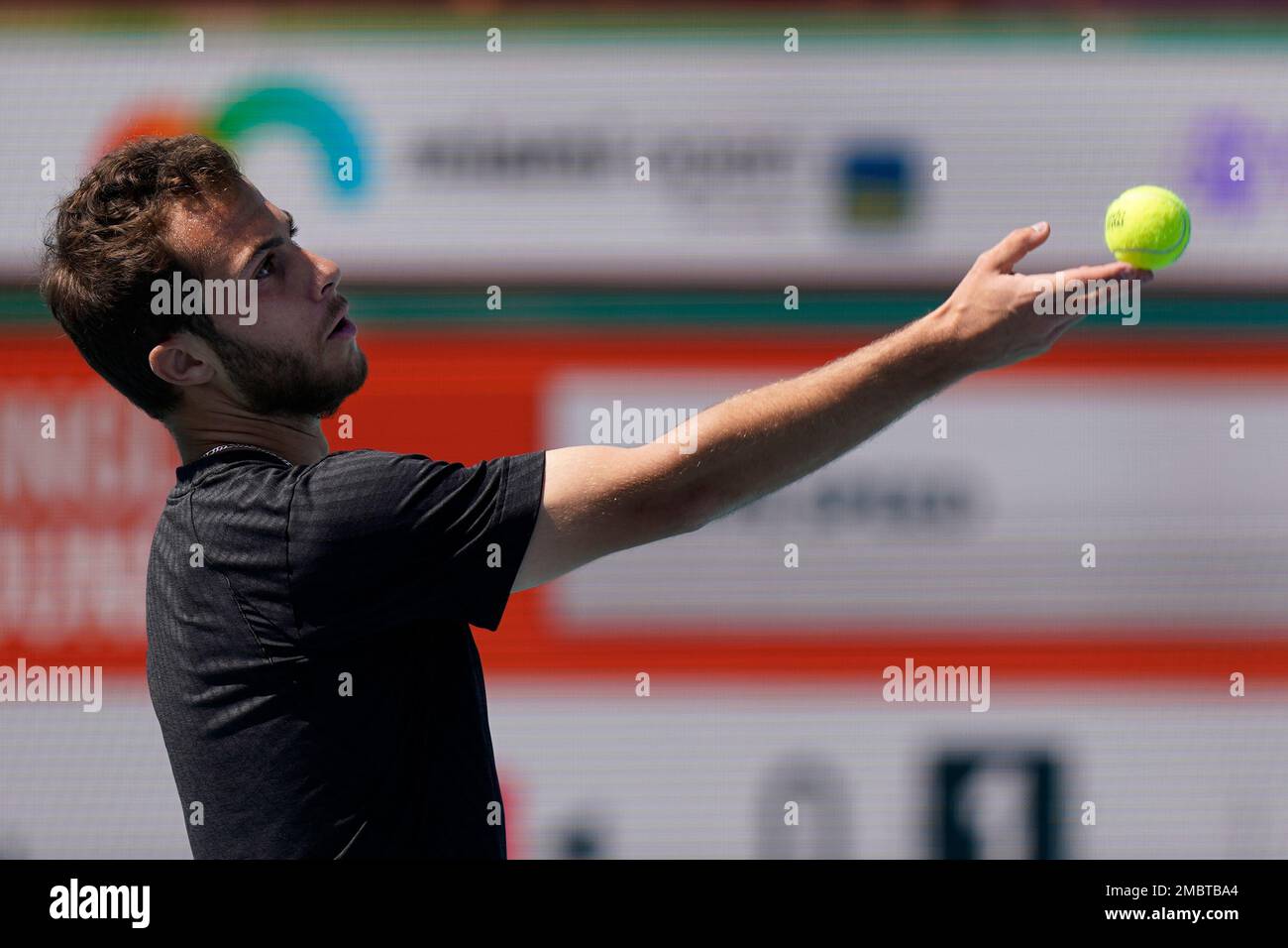 Hugo Gaston of France serves to Cameron Norrie of Britain, during the ...