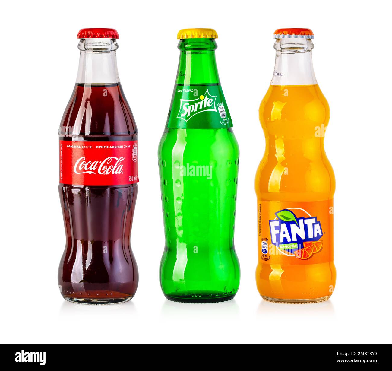 Chisinau, Moldova - April 26, 2020: Classic bottle Of Coca-Cola, Fanta, Sprite isolated on white ...