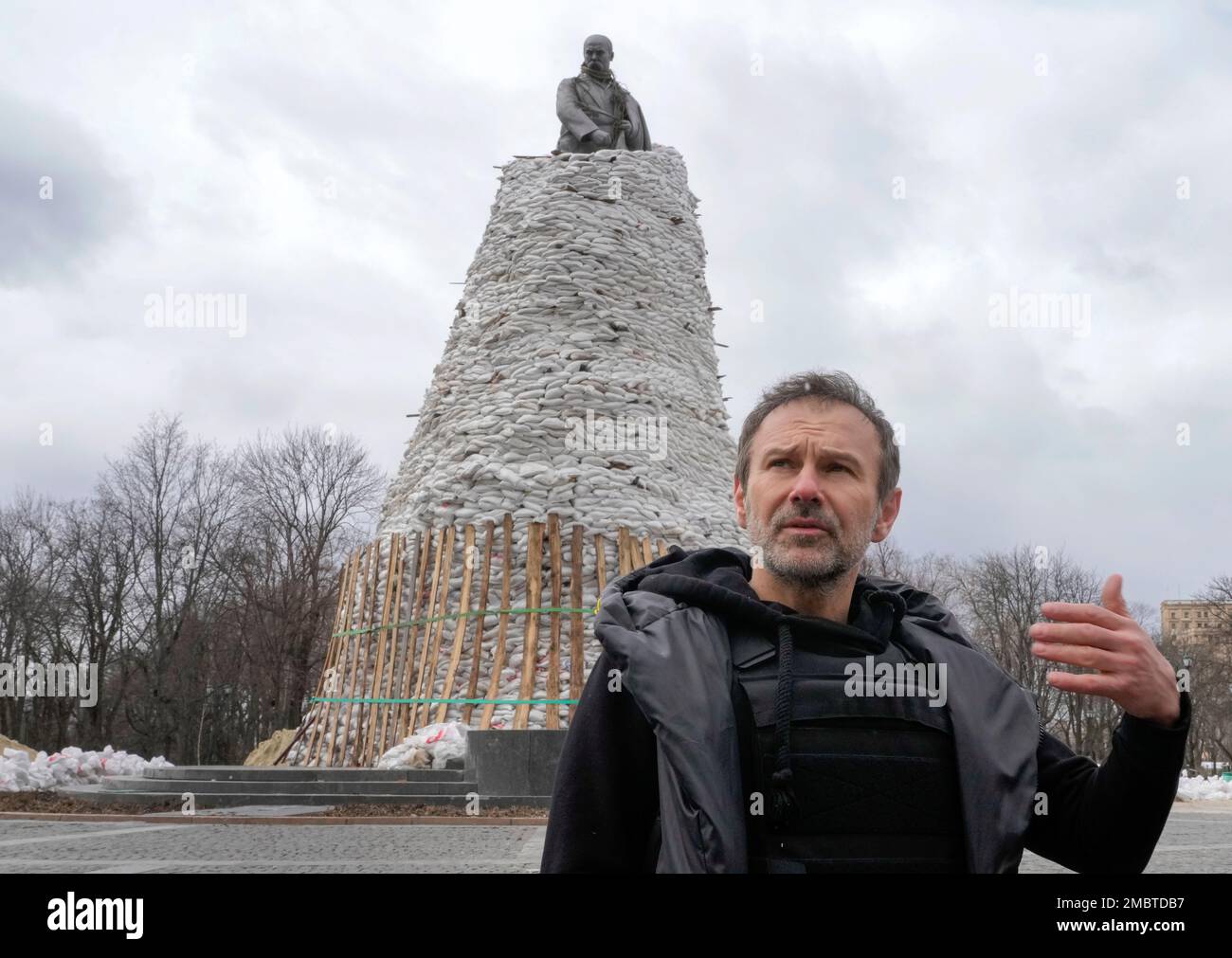 Ukrainian musician Svyatoslav Vakarchuk gestures against the background ...