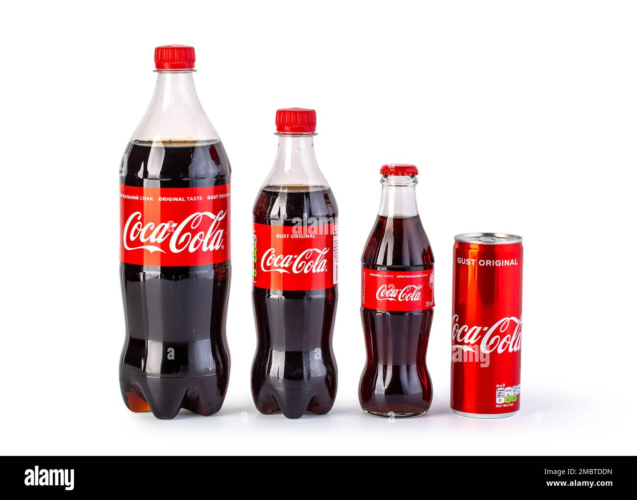 Chisinau, Moldova - April 26, 2020: Bottles and can Coca Cola on white ...