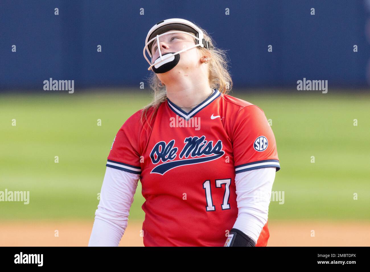 Mississippi pitcher Catelyn Riley (17) watches a pitch taken out of the ...