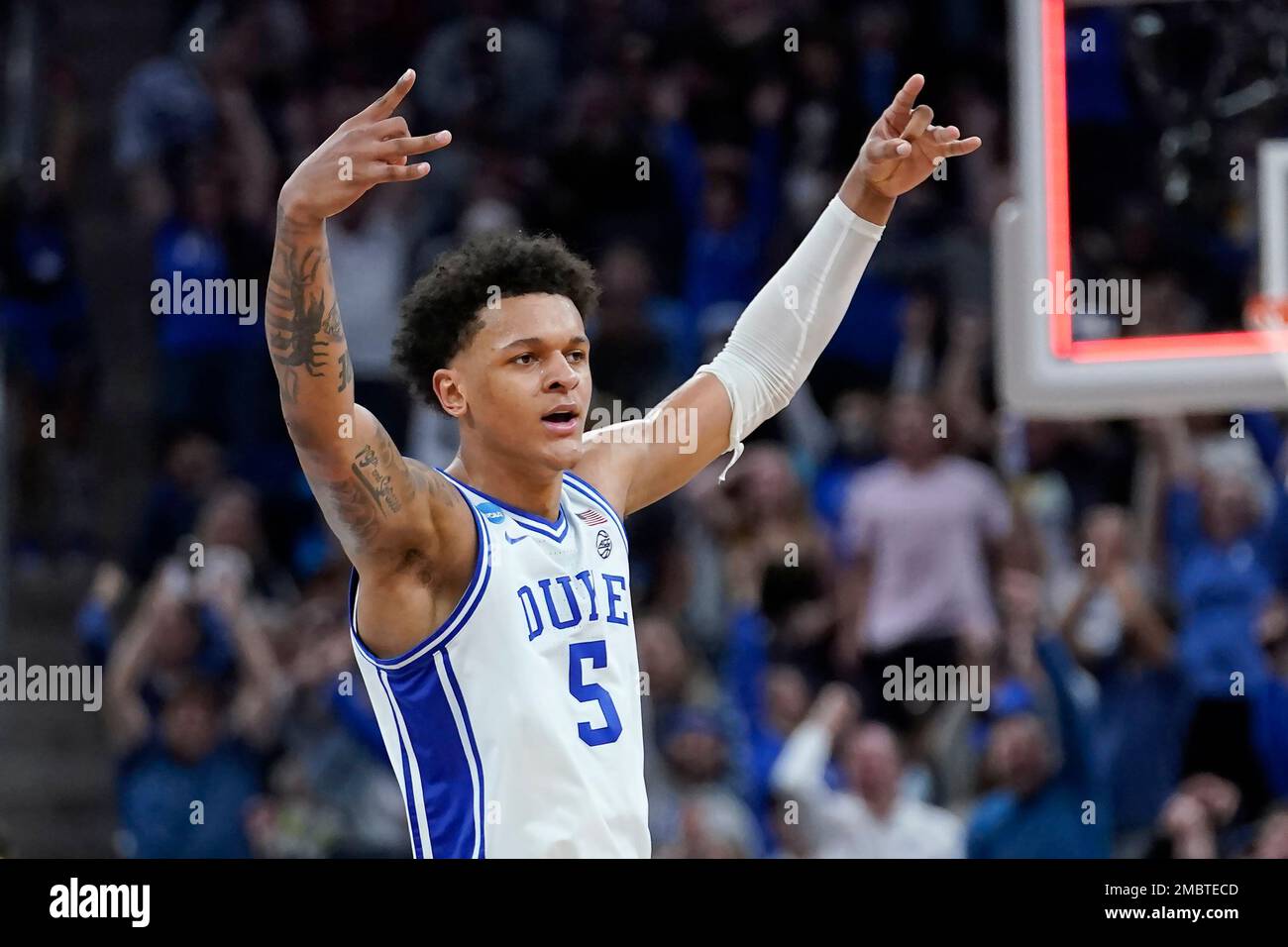 Duke forward Paolo Banchero celebrates during the first half of a ...