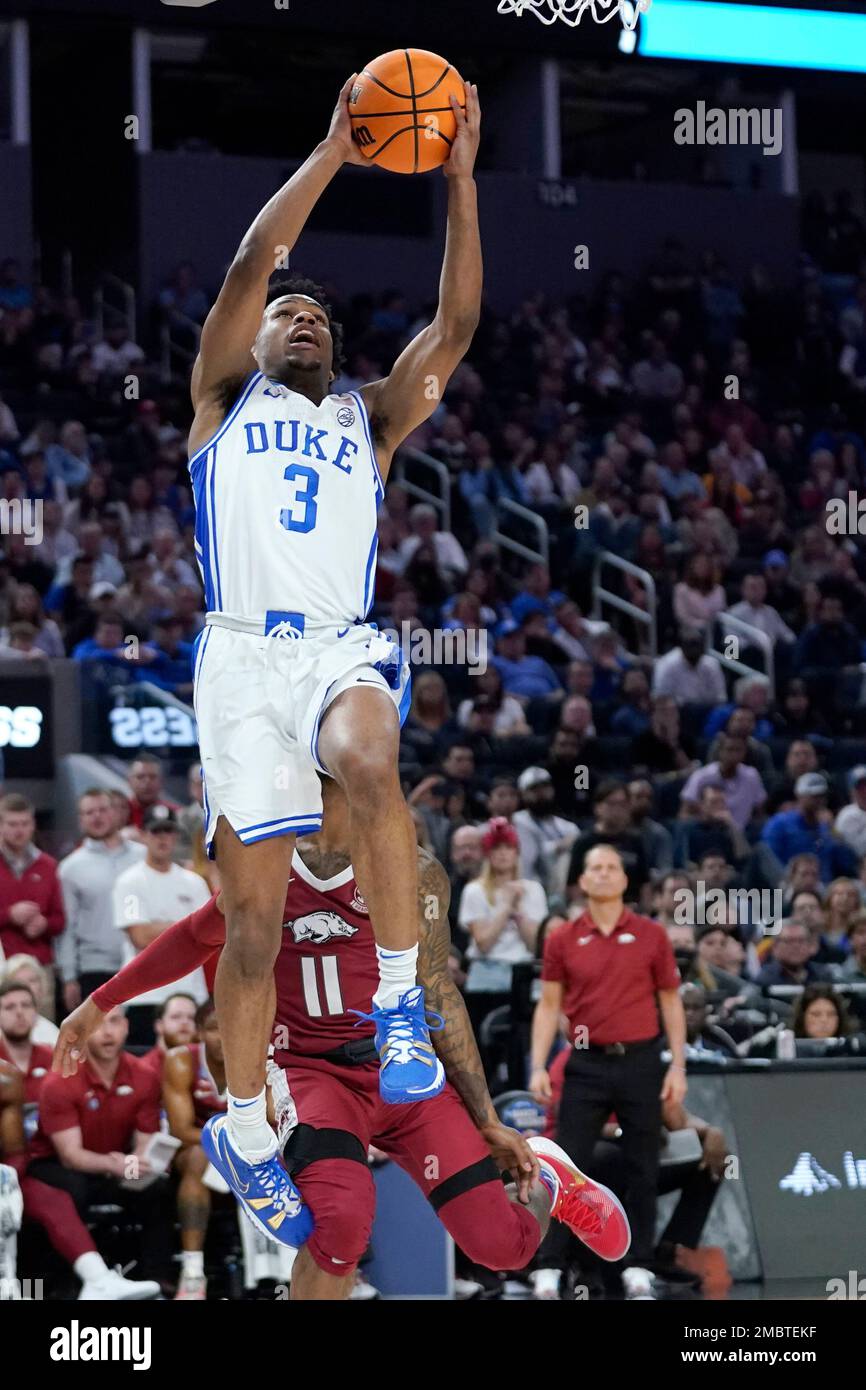 Duke guard Jeremy Roach (3) shoots against Arkansas during the first half of a college ...