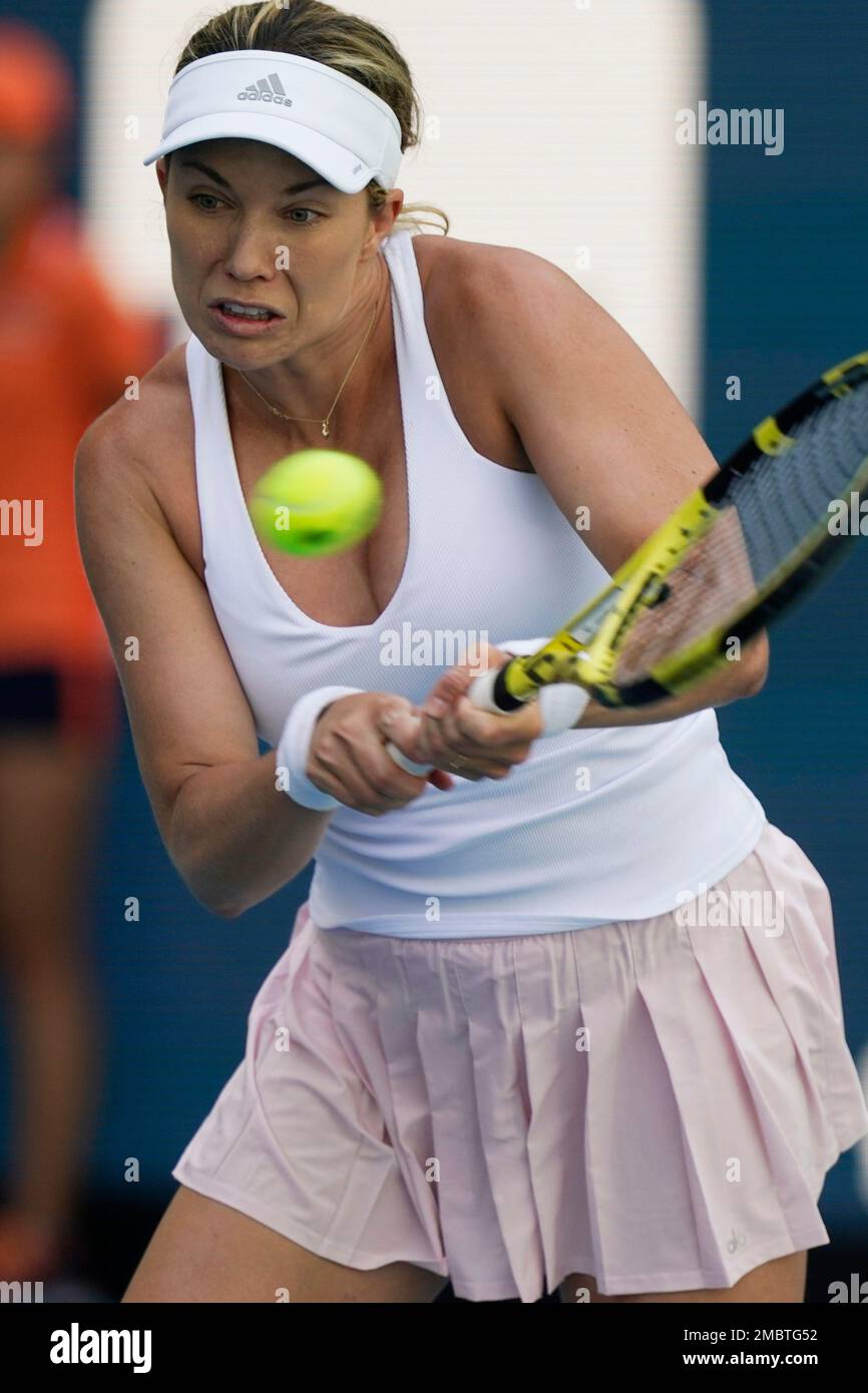 Danielle Collins returns the ball to Vera Zvonareva, of Russia, during ...