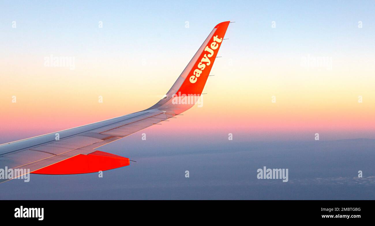 DECEMBER 12. 2019: Easy Jet flying above the clouds. The second plane ...