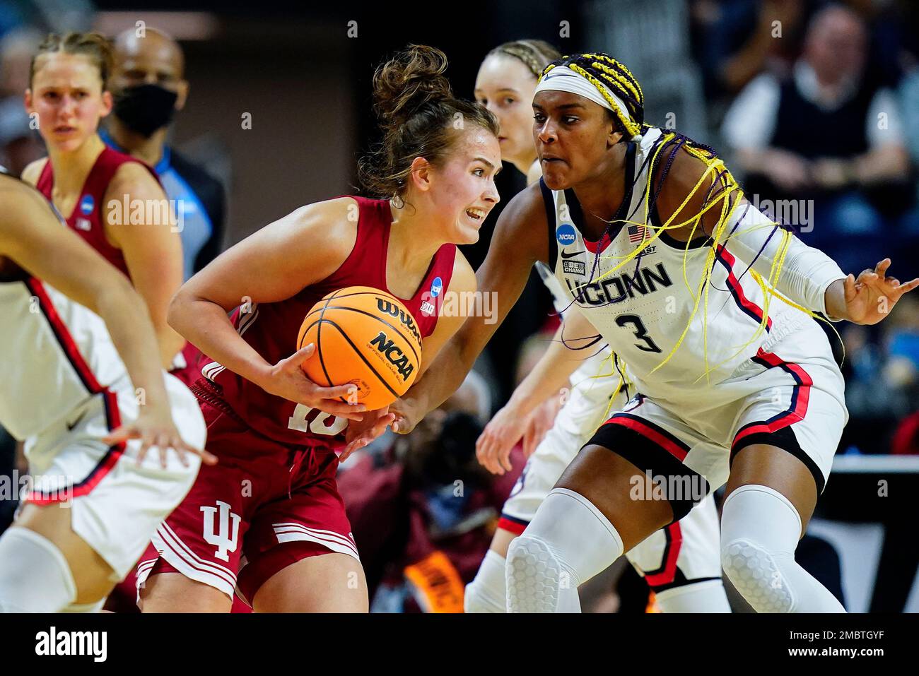 Indiana forward Aleksa Gulbe (10) drives against Connecticut forward ...