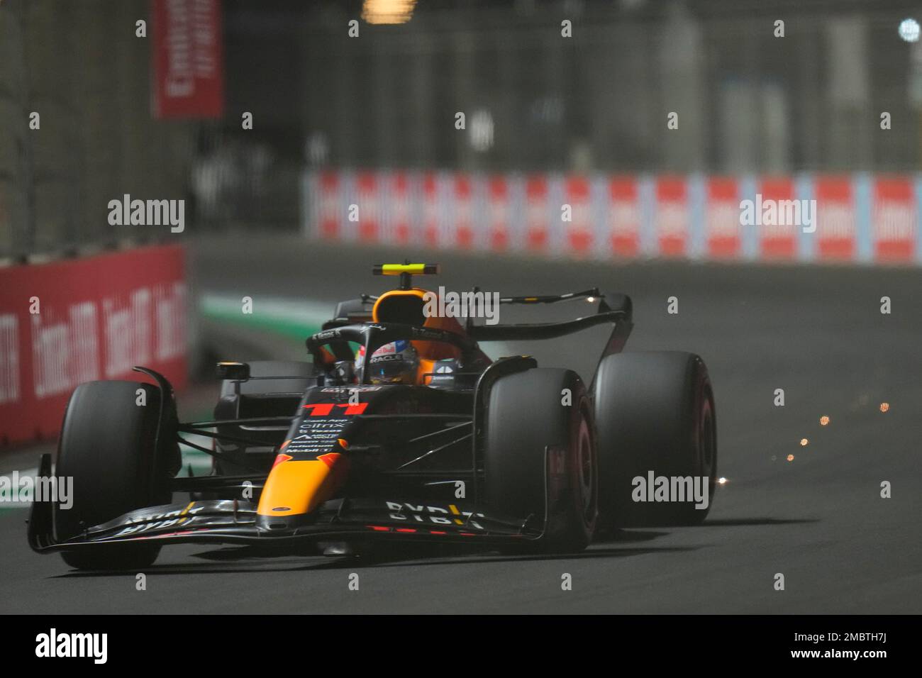 Red Bull driver Sergio Perez of Mexico steers his car during qualifying session for the Formula ...