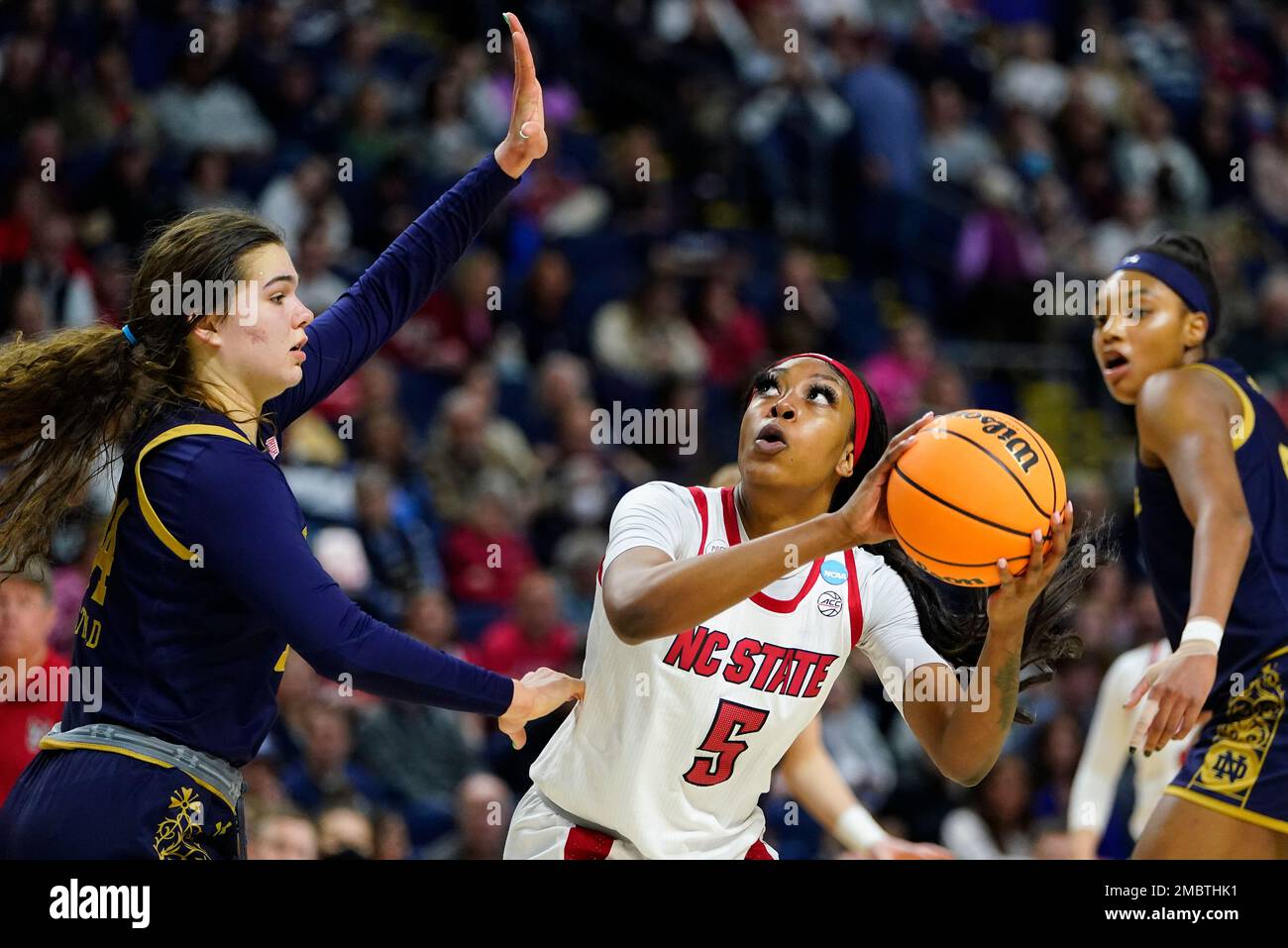 North Carolina State forward Jada Boyd (5) puts up a shot against Notre ...