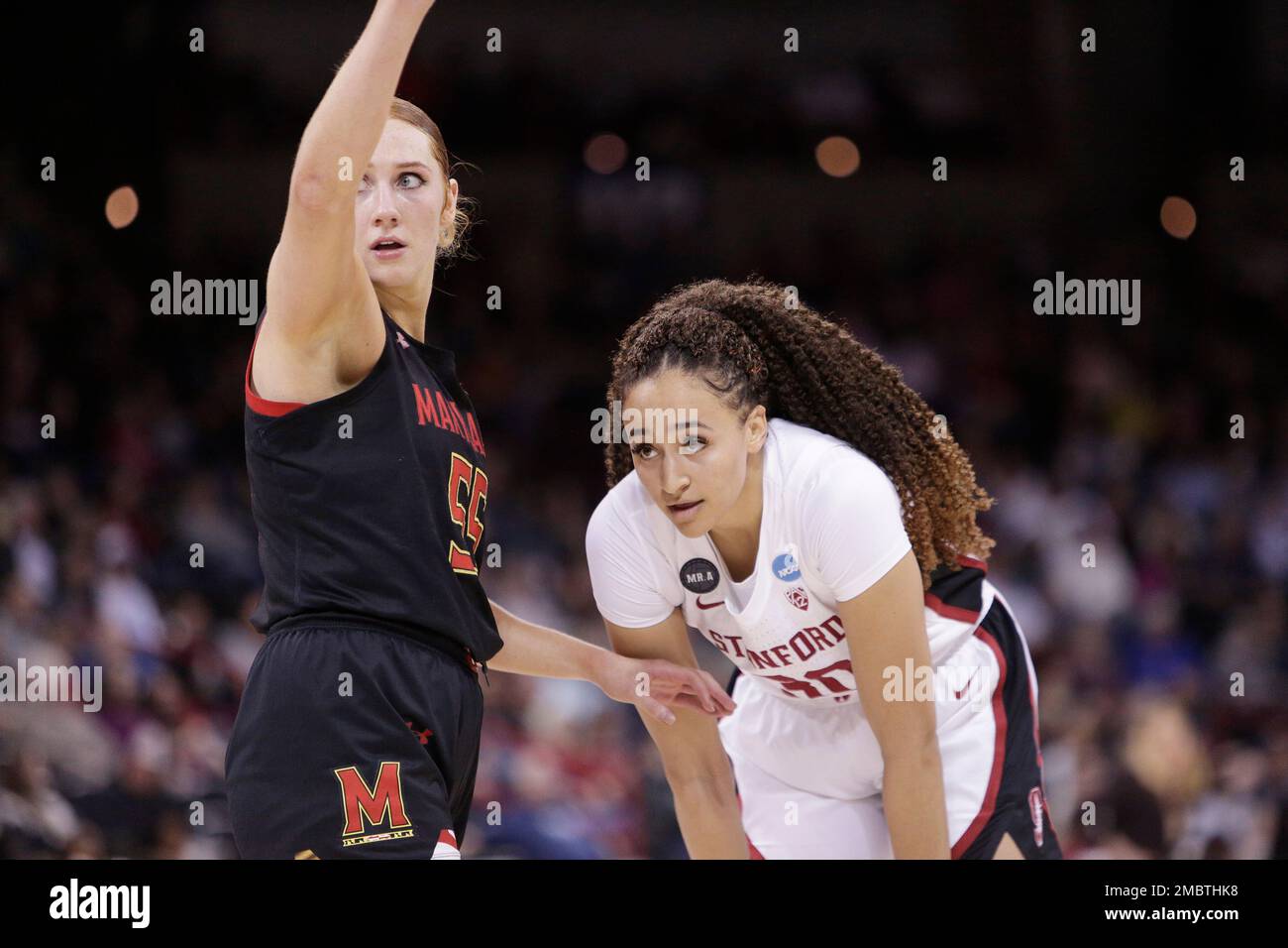 Maryland forward Chloe Bibby, left, and Stanford guard Haley Jones vie ...