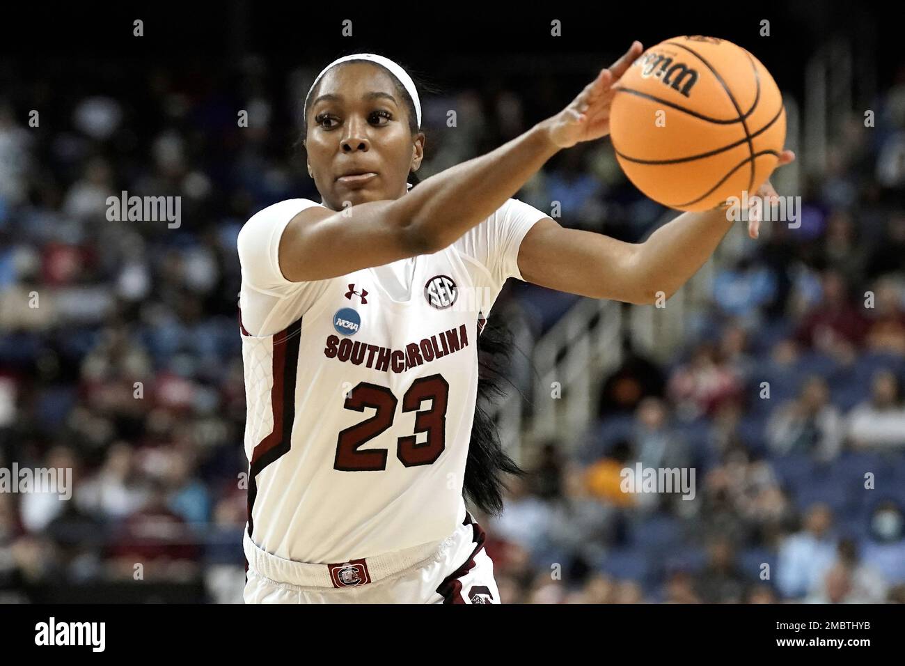 South Carolina guard Bree Hall (23) reaches for the ball during the ...