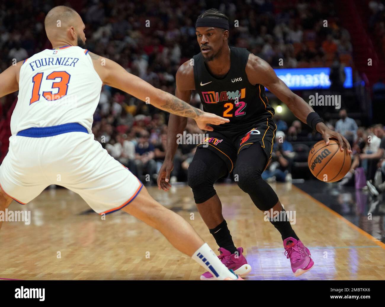 New York Knicks guard Evan Fournier (13) defends Miami Heat forward ...