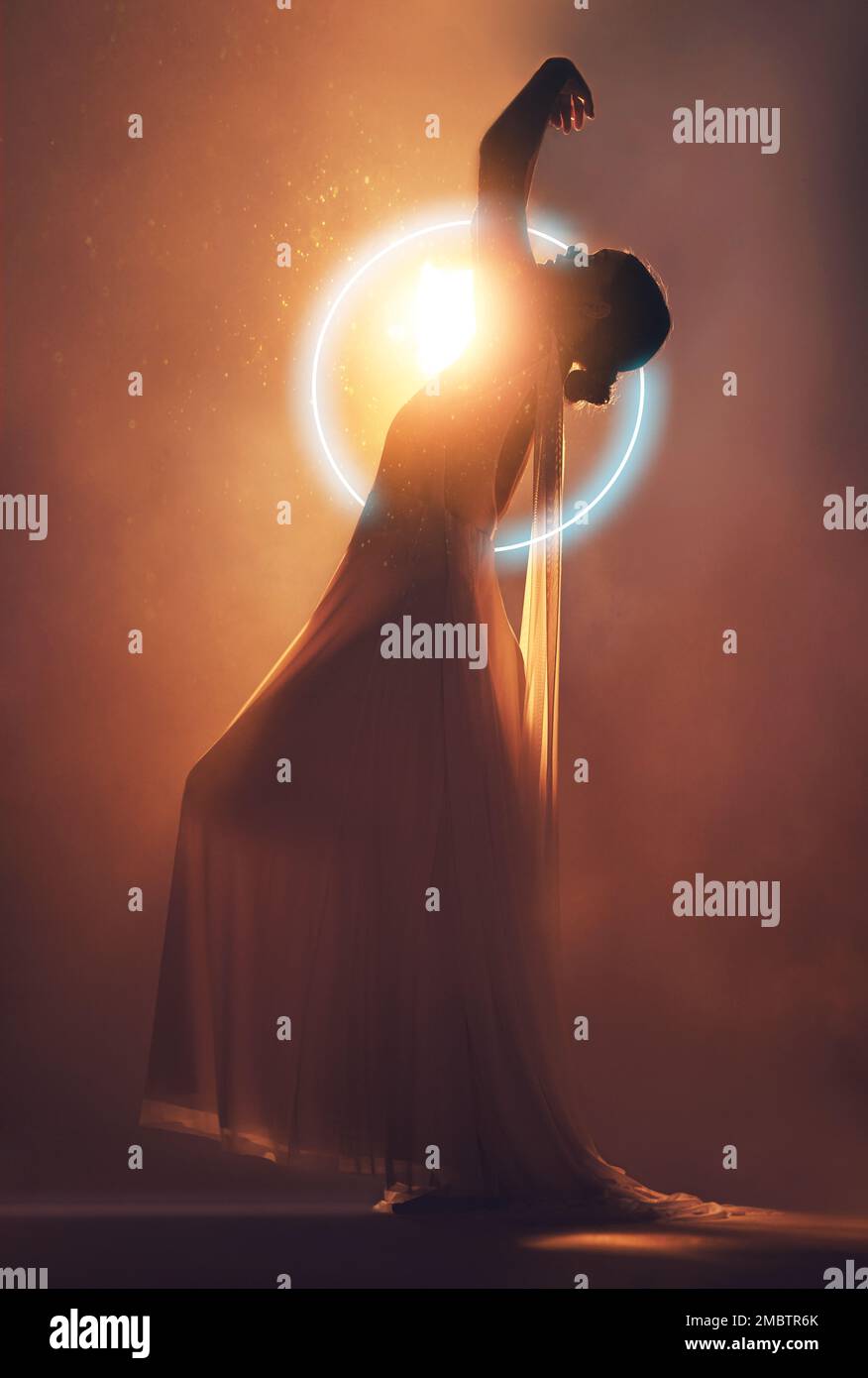 Orange lighting, art deco and silhouette of woman with neon circle for ...